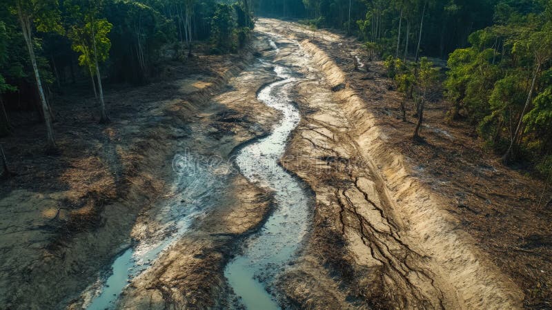 Aerial View of a Stream Running through a Deforested Area Stock ...