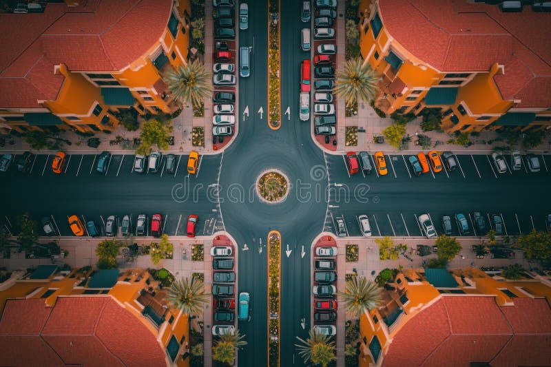 Aerial View of a Street Featuring a Circular Intersection at Its Center ...