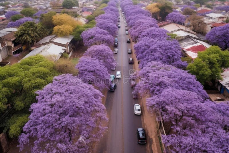 Aerial View of a Street Lined with Blooming Jacaranda Trees Stock ...