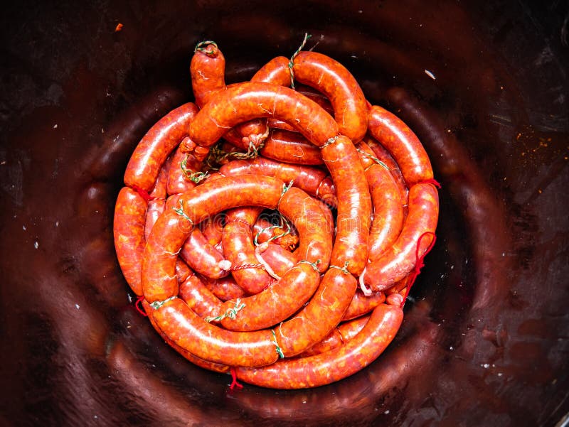 String of Sausages on a White Background. Isolated Stock Photo - Image ...