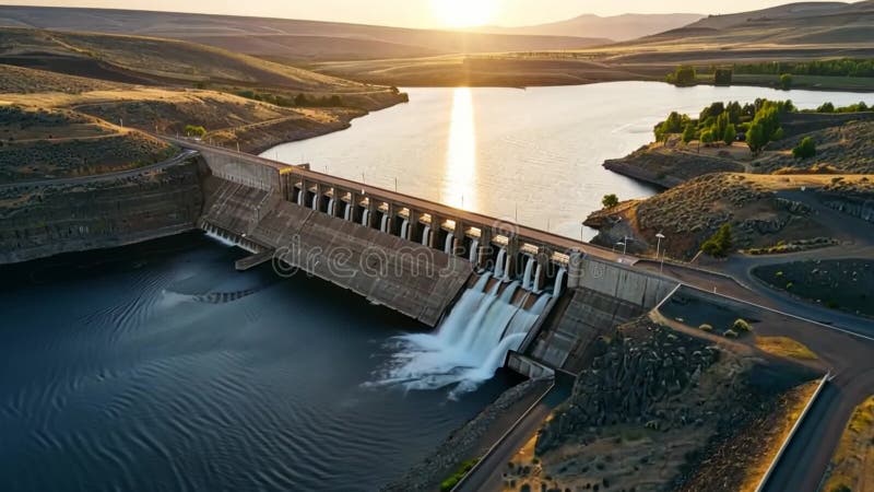 Aerial View of a Stunning Dam at Sunset. Water Flows Gently into the ...