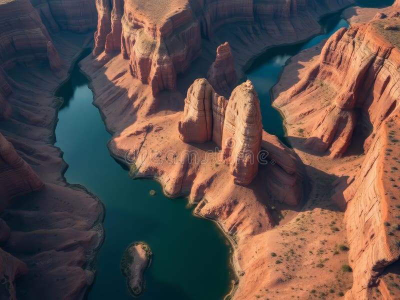 Aerial View of Stunning Red Rock Formations with a Winding River ...