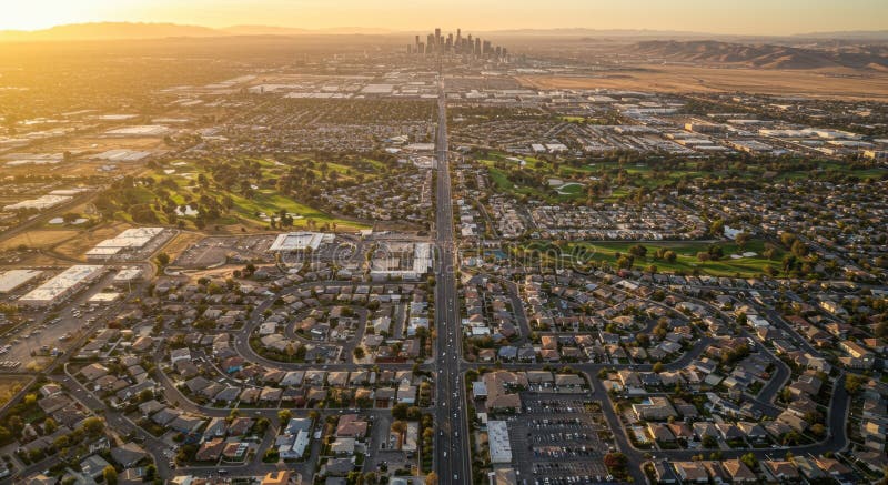 Aerial View of Suburban City at Sunset Stock Image - Image of place ...