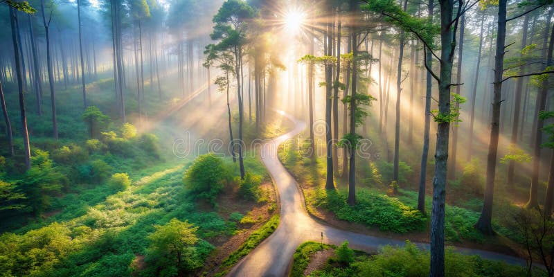 Aerial View of Sun Rays through a Foggy Forest Path Stock Illustration ...