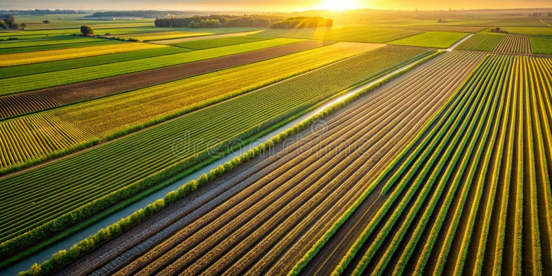 Aerial View of Sunlit Crop Fields with Rows of Crops Resembling Striped ...