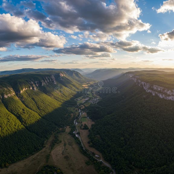 Aerial View of a Sunlit Valley at Sunset Stock Illustration ...