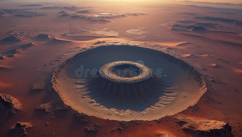 Aerial View of a Sunrise Over Mars Surface with a Large Crater Stock ...