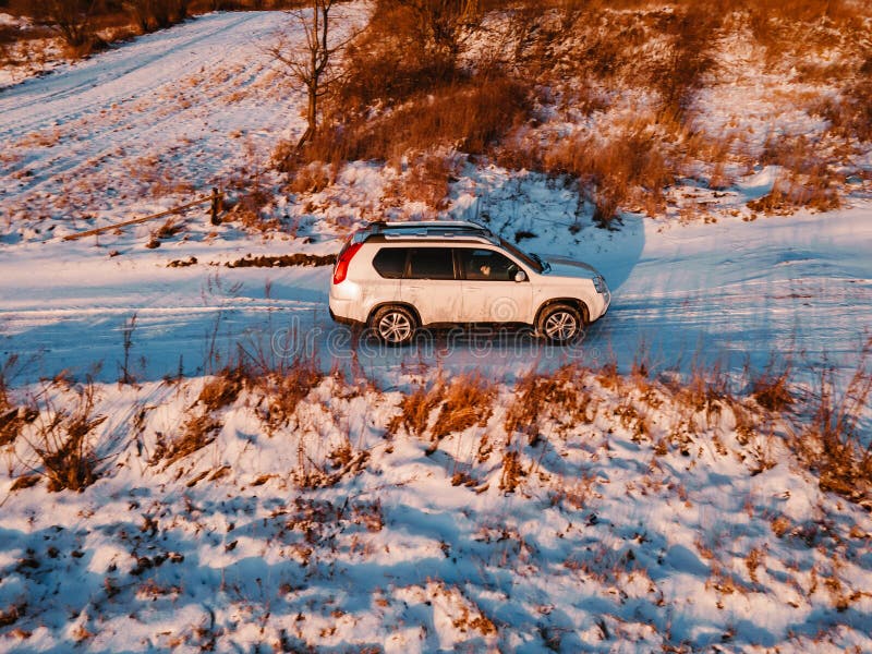 Aerial View of Suv Car on Trail Road on Sunset Stock Image - Image of ...