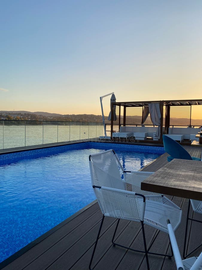 Aerial View of Swimming Pool in Beach during Sunset Stock Image - Image ...