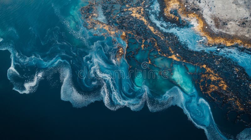 Aerial View of Swirling Ocean Currents and a Rocky Shore Stock Image ...