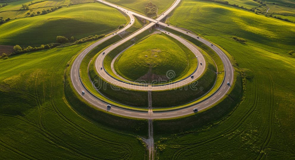 Aerial View of a Symmetrical Highway Interchange Surrounded by Lush ...