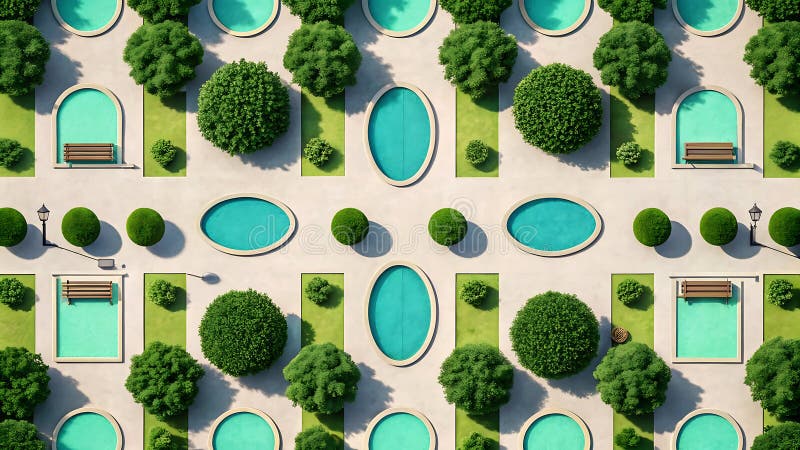 Aerial View of Symmetrical Park Design with Pools and Benches Stock ...