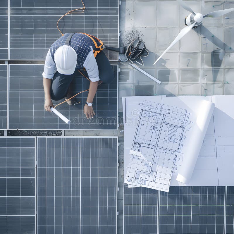 Engineer Inspecting Solar Panels with Blueprints Stock Photo - Image of ...