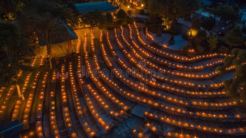 Aerial View of a Temple Complex Lit Up with Rows of Candles Forming ...
