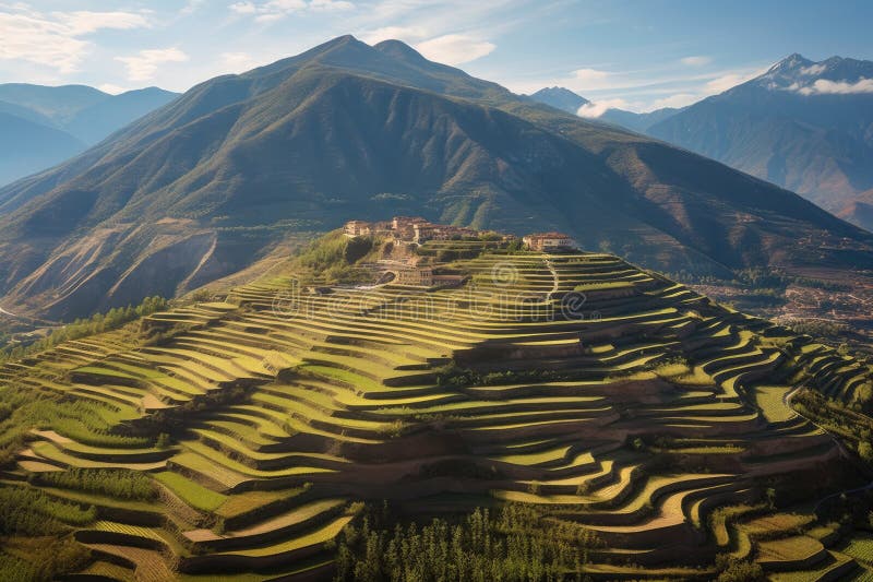 Aerial View of Terraces with Mountain Backdrop Stock Image - Image of ...