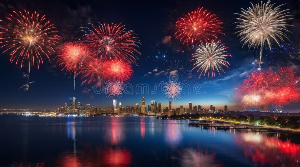Aerial View of 4th of July Fireworks Exploding Over City Skyline ...