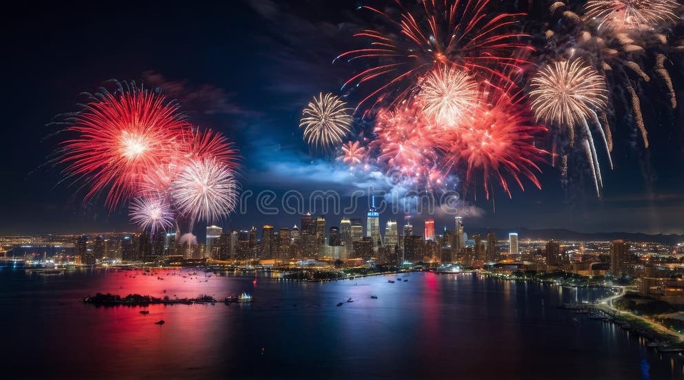 Aerial View of 4th of July Fireworks Exploding Over City Skyline ...