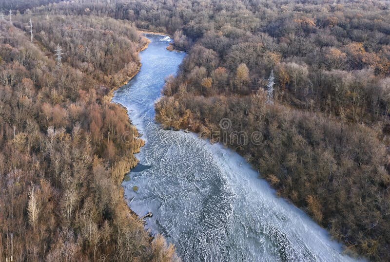 Aerial View To Frozen River and Bare Forest Stock Photo - Image of ...