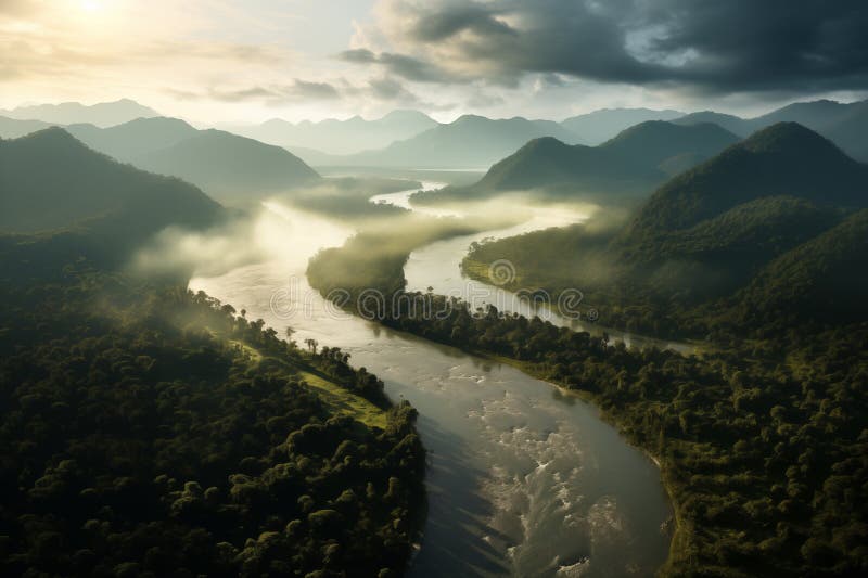 Aerial View To the Valley with the Tropical Forest and Large River ...