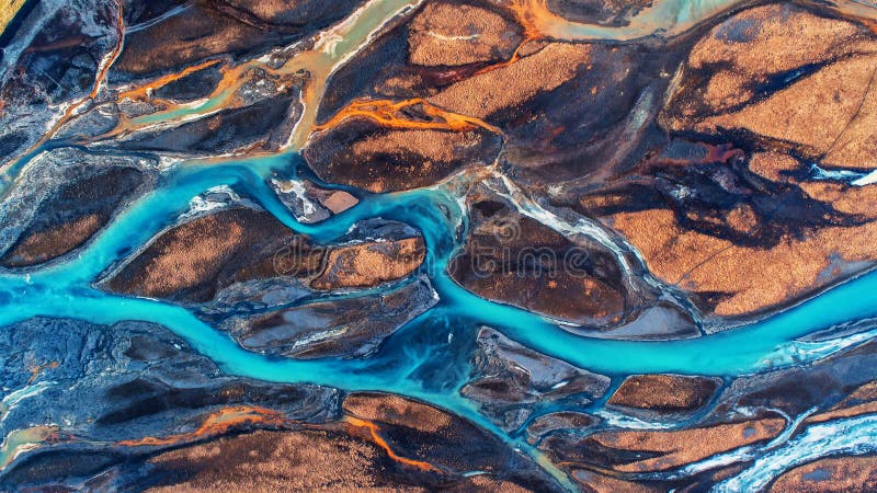 Aerial View And Top View River In Iceland. Beautiful Natural Backdrop ...