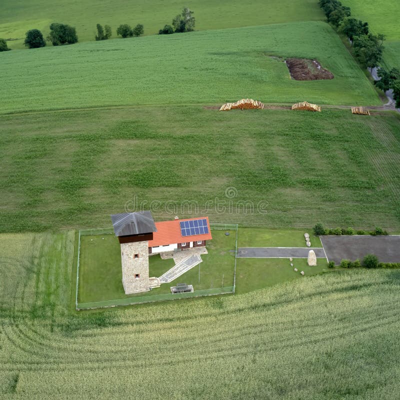 Aerial View of Tower Surrounded by Greenery Fields Stock Image - Image ...