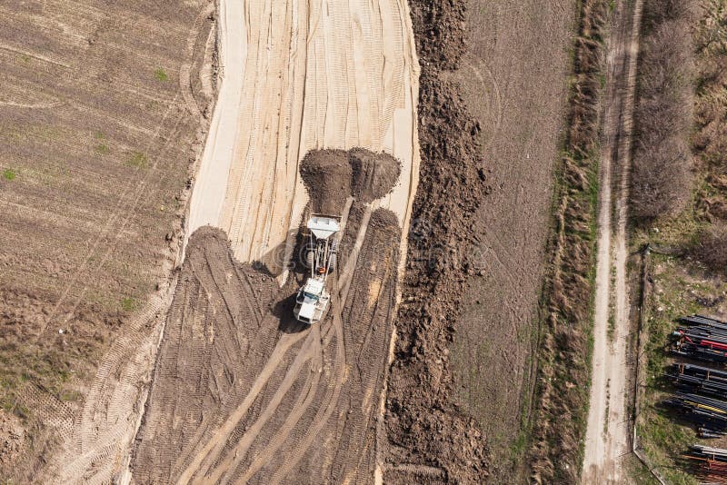 Aerial View of the Track and Earth Mover Tracks on Sand Stock Photo ...
