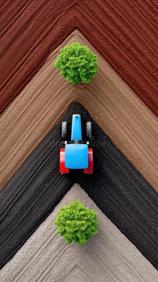 Aerial View of Tractor on Colorful Fields with Green Trees Stock ...