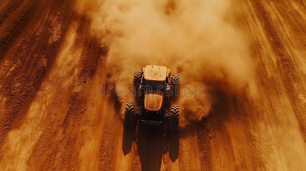 Aerial View of Tractor on Dusty Track Stock Illustration - Illustration ...