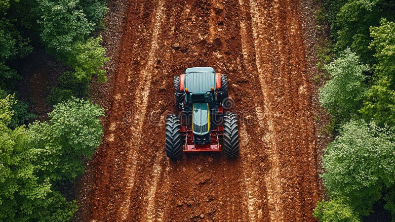 Aerial View of a Tractor on a Muddy Path Surrounded by Trees Stock ...