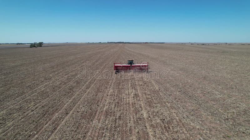 Aerial View of Tractor Planting Cereal. Work on Field during Soy ...