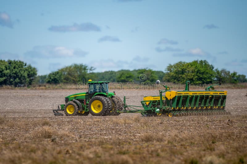 Aerial View of Tractor Planting Cereal. Work on Field during Soy ...