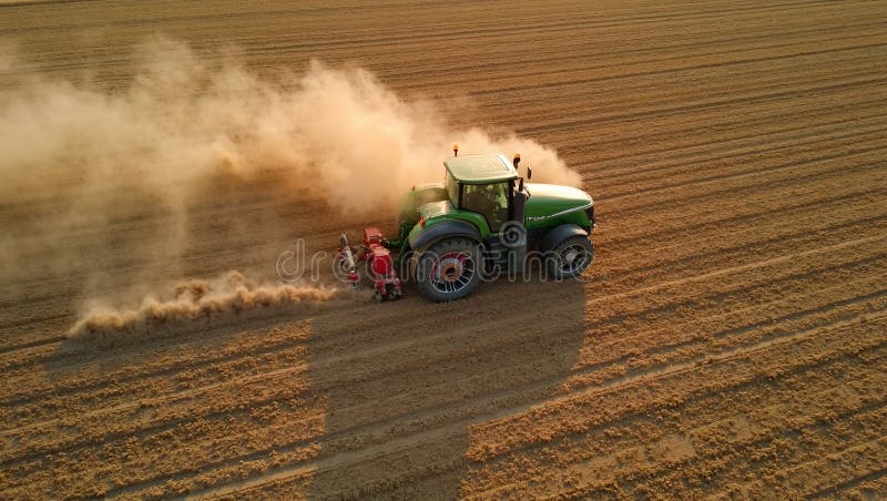 Aerial View of Tractor Plowing Field Creating Neat Rows with Dust ...