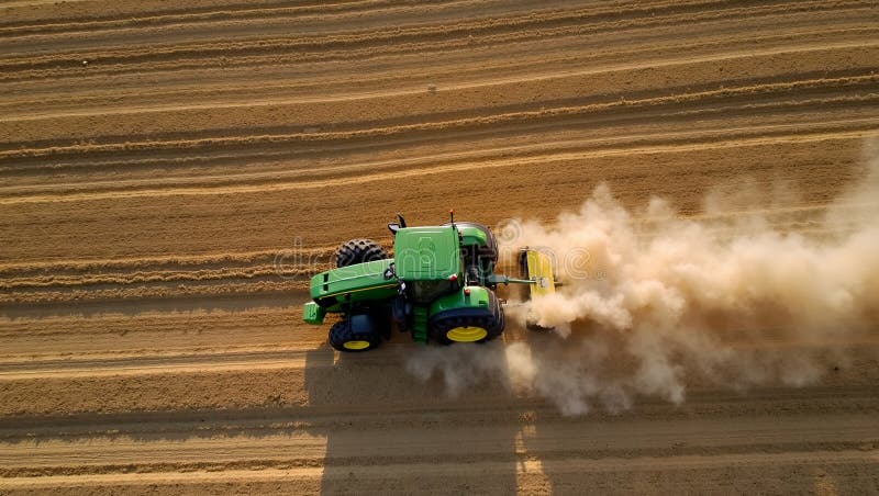 Aerial View of Tractor Plowing Field Creating Neat Rows with Dust ...