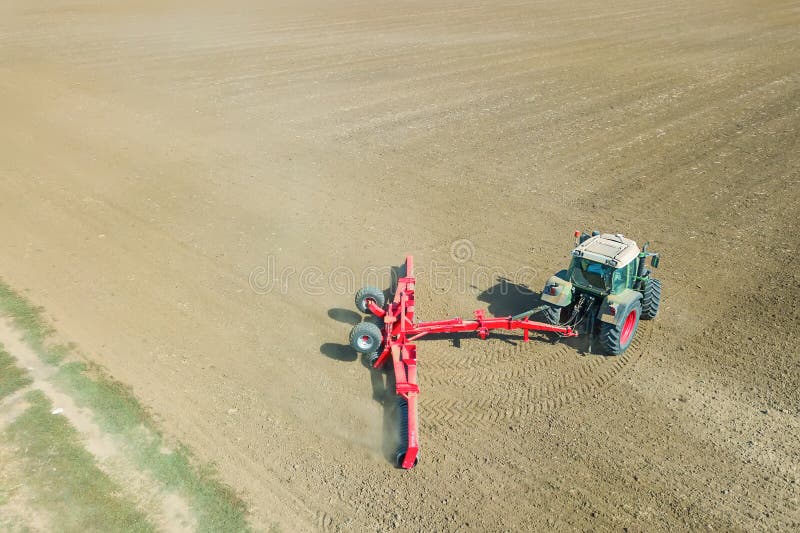 Aerial View Tractor Preparing Field Rolling, Agriculture Tractor Stock ...