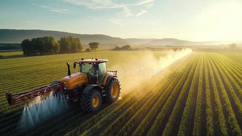 Aerial View of a Tractor Spraying Agricultural Fields. Spraying ...
