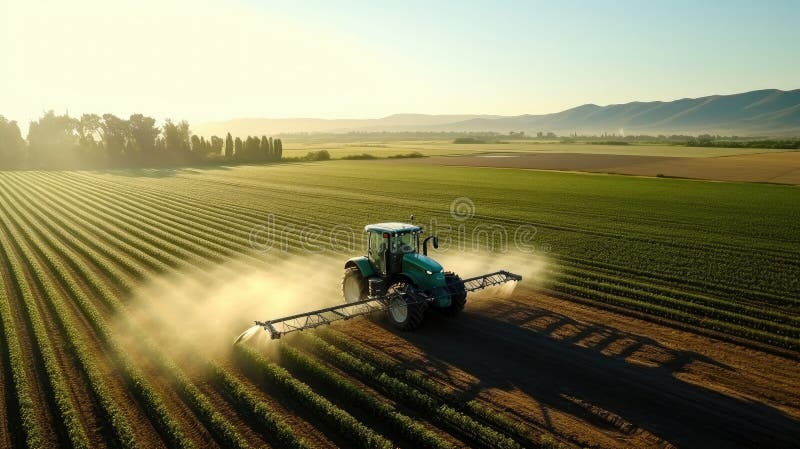 Aerial View of a Tractor Spraying Agricultural Fields. Spraying ...
