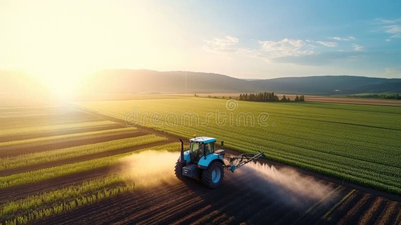 Aerial View of a Tractor Spraying Agricultural Fields. Spraying ...