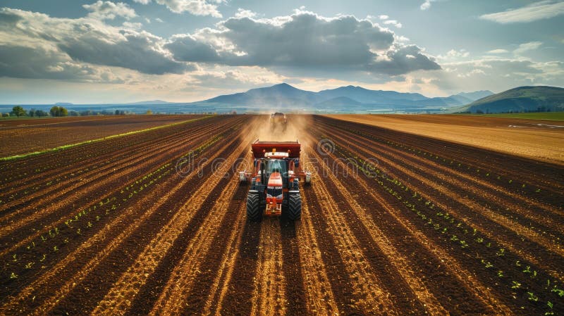 An Aerial View of a Tractor Tilling a Field in the Spring. Spring Field ...