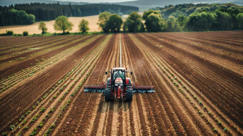 An Aerial View of a Tractor Tilling a Field in the Spring. Spring Field ...