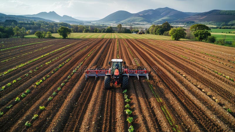 An Aerial View of a Tractor Tilling a Field in the Spring. Spring Field ...
