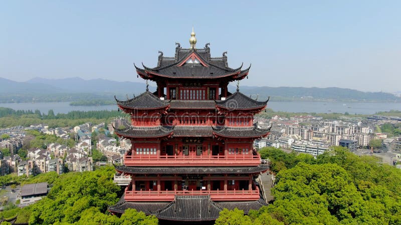 Aerial View of a Traditional Chinese Temple Surrounded by Lush Greenery ...