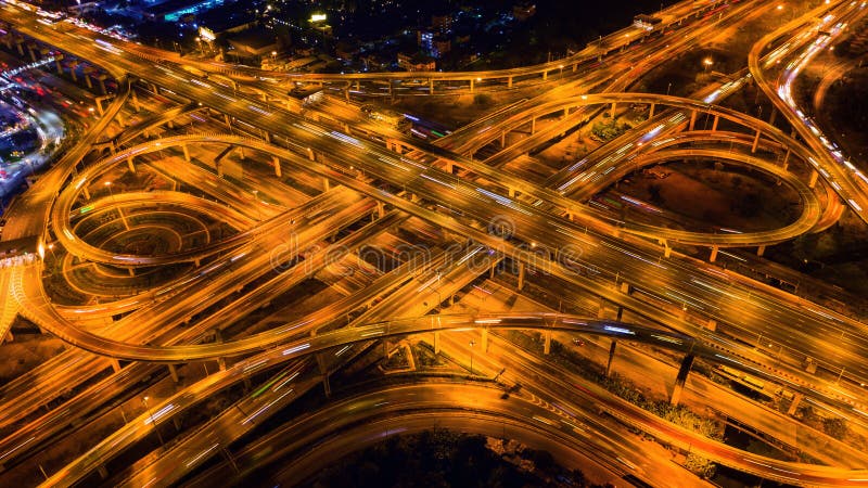 Aerial View of Traffic on Massive Highway Intersection at Night Stock ...