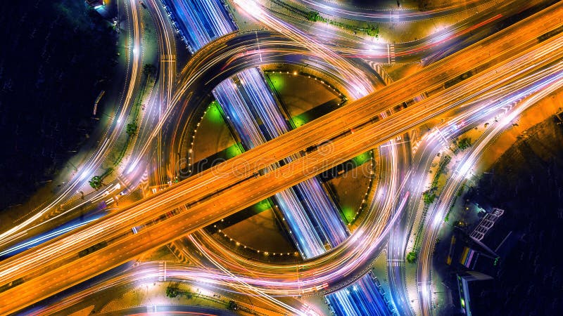 Aerial View of Traffic in Roundabout and Highway at Night Stock Image ...