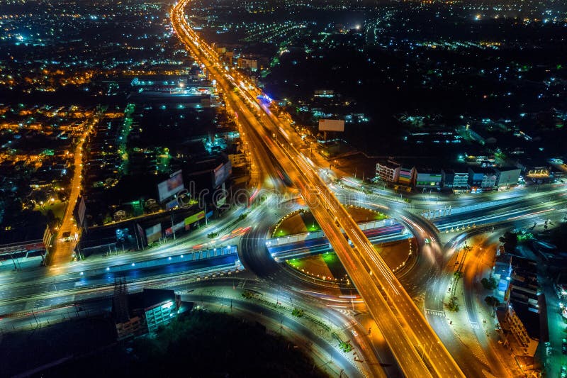 Aerial View of Traffic in Roundabout and Highway at Night Stock Photo ...