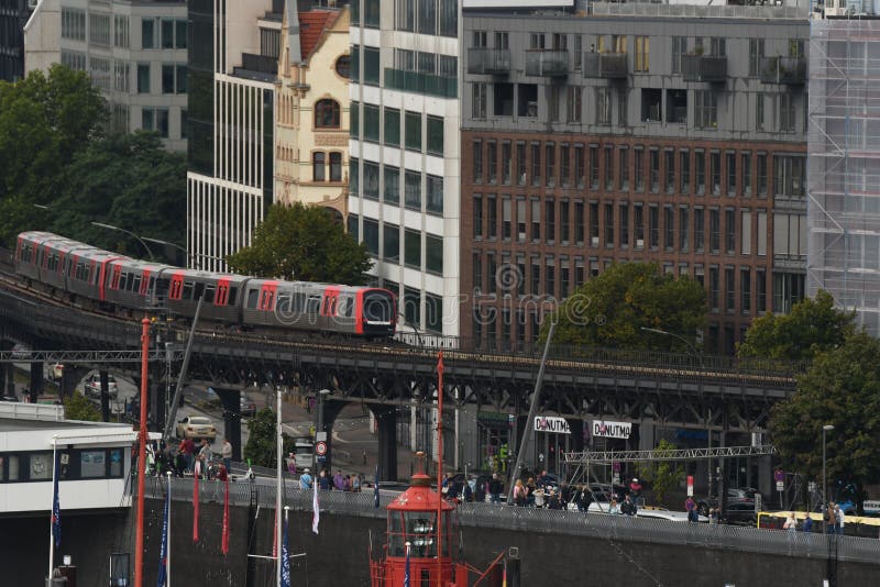 Aerial View of the Train Passing on the Bridge in the Hamburg Harbor ... Aerial View of the Train Passing on the Bridge in the Hamburg Harbor ...