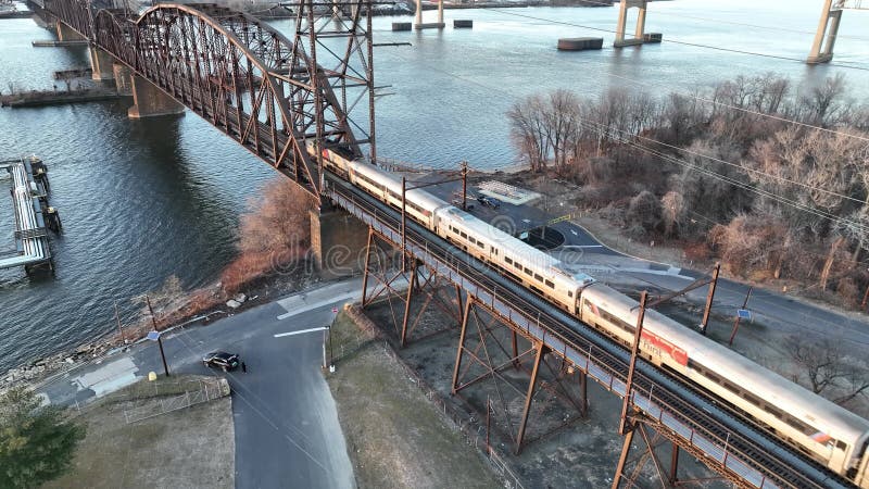 Aerial View of a Train on a Railroad Bridge Crossing the Delaware River ...