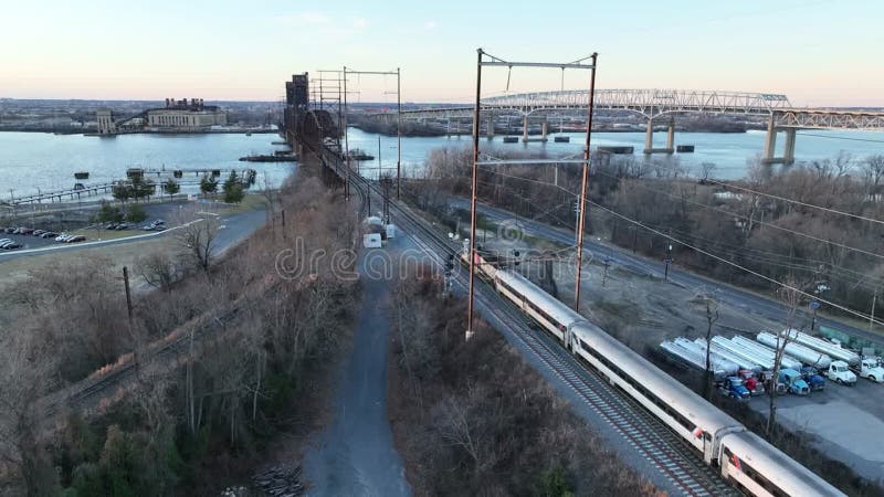 Aerial View of a Train on a Railroad Bridge Crossing the Delaware River ...