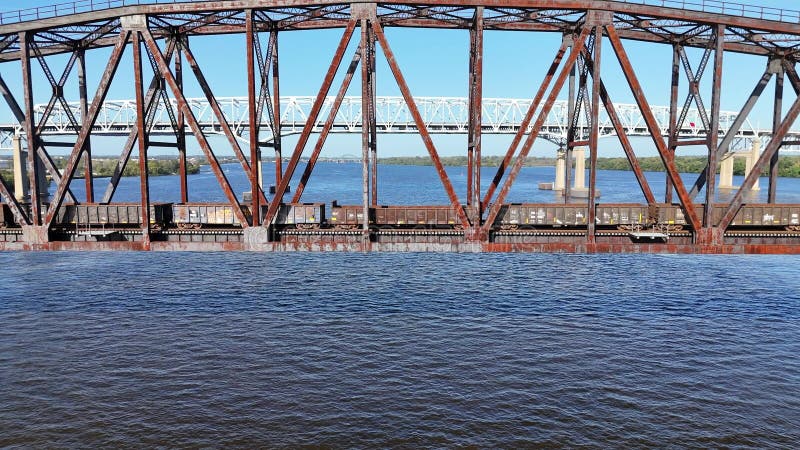 Aerial View of a Train on a Railroad Bridge Crossing the Delaware River ...