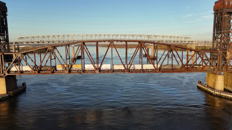 Aerial View of a Train on a Railroad Bridge Crossing the Delaware River ...