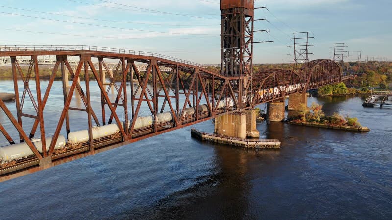 Aerial View of a Train on a Railroad Bridge Crossing the Delaware River ...